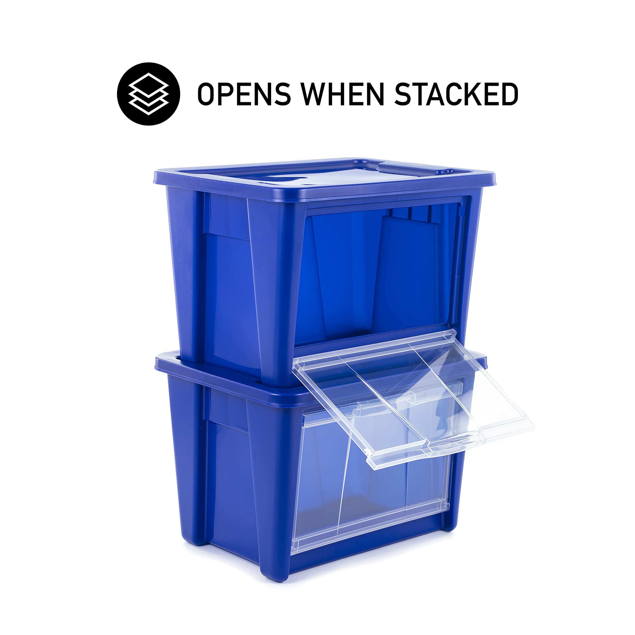 Rubbermaid Medium All-Access Tote with Lids, Pack of 2, Stackable Storage Bins with Clear Drop-Down Door and Carry Handles, Closet Organization Containers, Blazer Blue With Clear Door