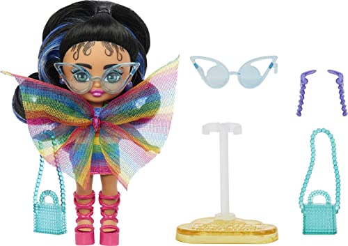 Barbie Extra Mini Minis with Blue-Streaked Black Ponytail Wearing Rainbow Dress & Accessories & Stand, 3.25-inch