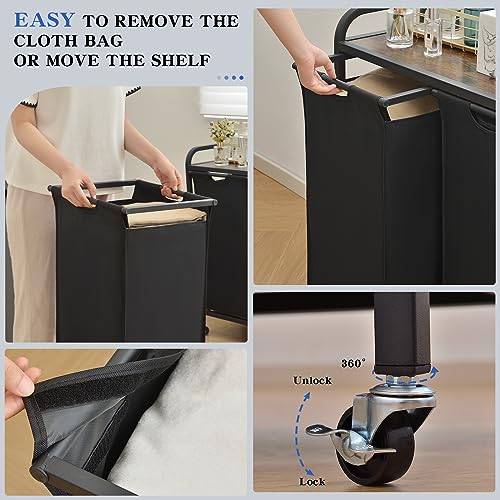 Lineware Laundry Hamper, Laundry Basket 3 Section, 3 ร 12.7 Gal (144L), Laundry Sorter with Top Shelf, Upgrade larger Rolling Laundry Basket with 3 Pull-Out Organizer Bags and Wheels (B-BLACK)