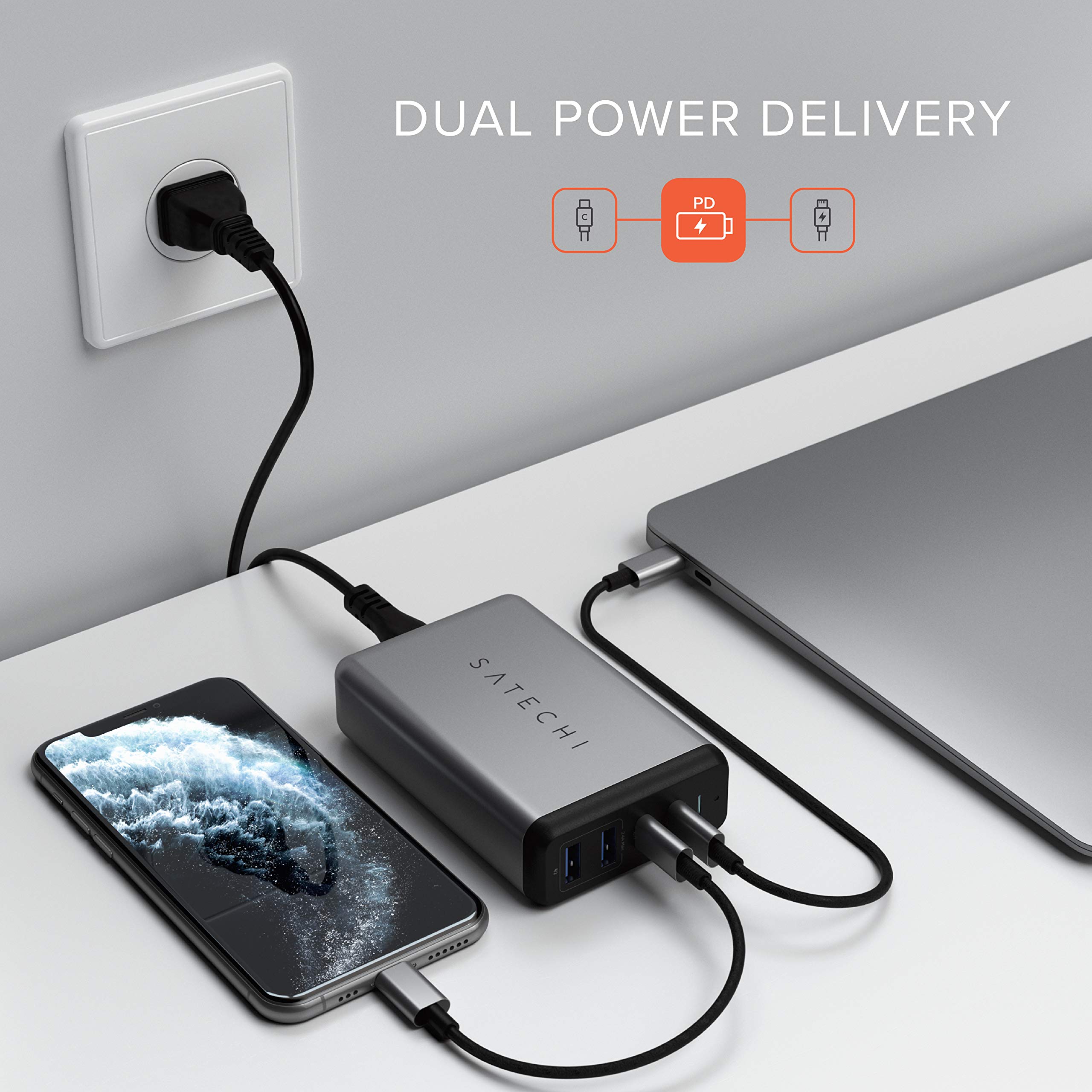Satechi 75W Dual Type C PD Travel Charger Adapter with 2 USB C PD & 2 USB 3.0 - Compatible with 2020/2019 MacBook Pro, 2020 MacBook Air, M1 iPad Pro/Air, iPhone 14 Pro Max/14 Pro/14/14 Plus