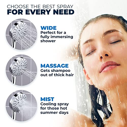 ALL METAL 3-Spray Handheld Shower Head with Long Hose and Brass Holder - CHROME - Showerhead With Handheld Sprayer - WIDE, MASSAGE, and MIST Sprays - 2.5 GPM High Pressure Shower Head with Handheld