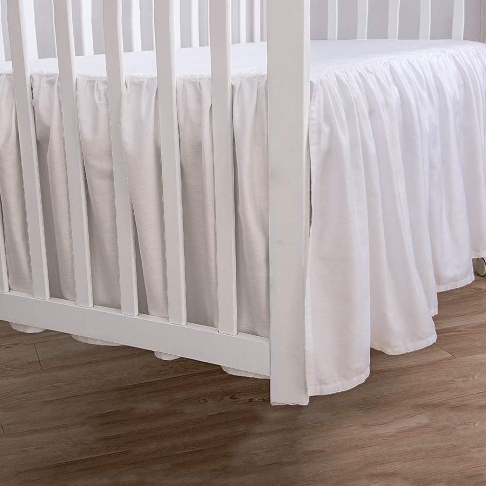 White Crib Bed Skirt Dust Ruffle, Split Corner 100% Natural Cotton Nursery Crib Toddler Bedding Skirt for Baby Girls or Boys, Infant Crib Bed Skirt Ruffled with Split Corners, 14" Drop