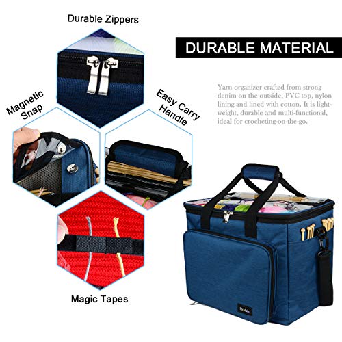 Hoshin Knitting Bag for Yarn Storage, High Capacity Yarn Totes Organizer with Inner Divider Portable for Carrying Project, Knitting Needles(up to 14β), Crochet Hooks, Skeins of Yarn (Navy)
