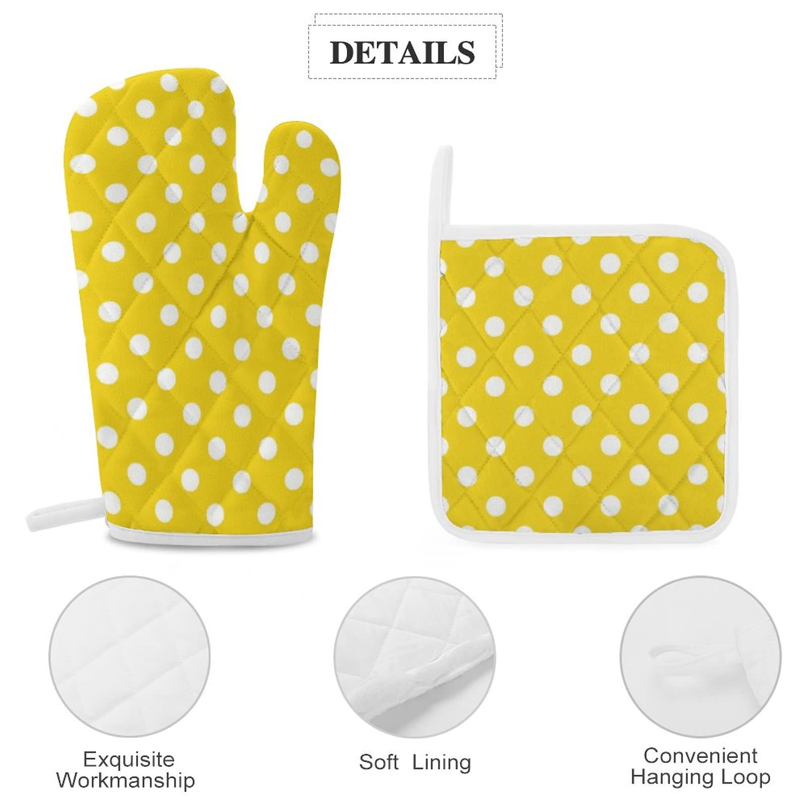 4PCS Oven Mitts Glove Kitchen Heat Resistant Pot Holders Set Lemon Yellow Polka Dot Pattern Kitchen Microwave Oven Gloves Mitts Anti-Scald Baking Cooking Gloves