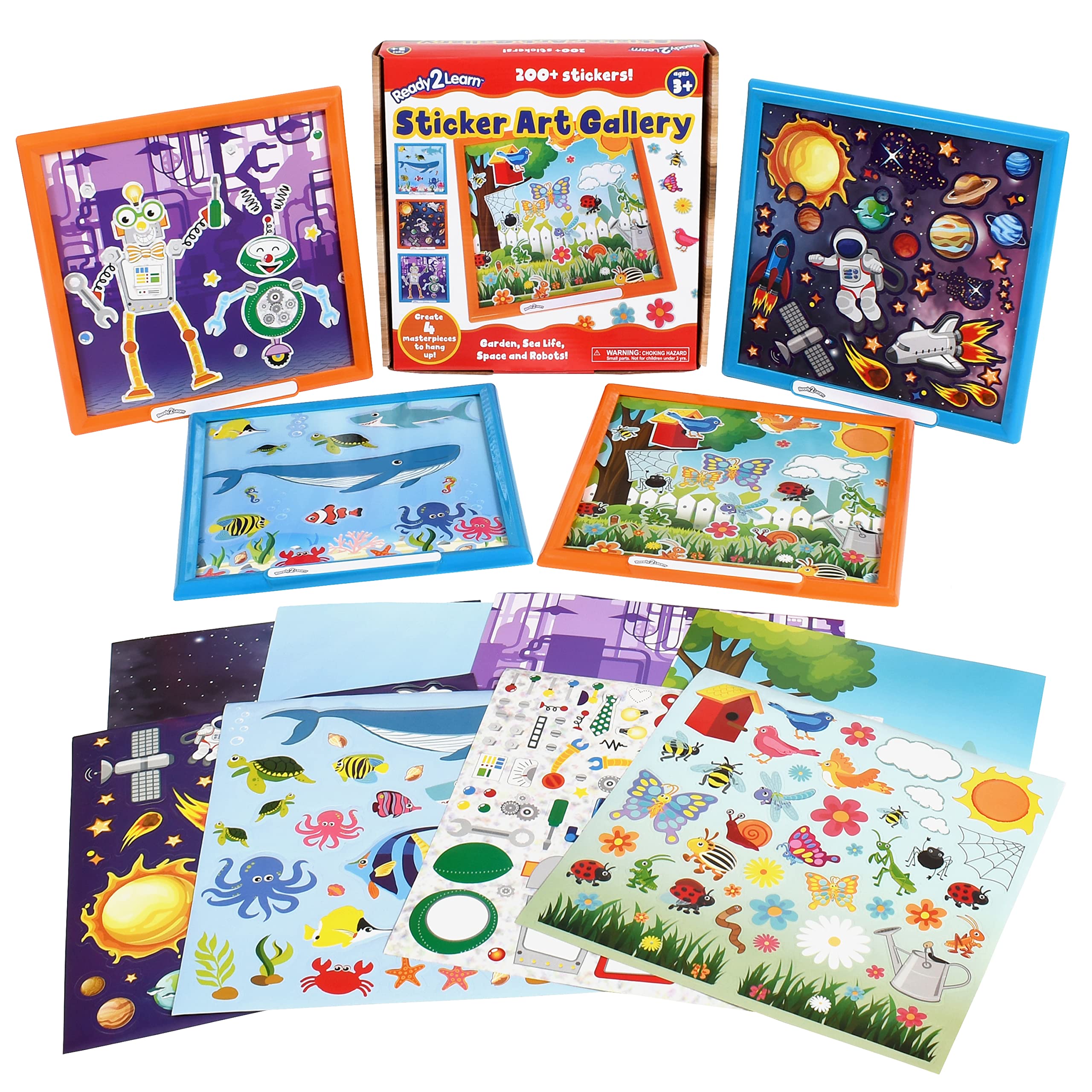 READY 2 LEARN Sticker Art Gallery - Craft Kit for Ages 3-5 - 200+ Stickers - 4 Backgrounds with Frames - Create Sea Life, Space, Robots, Garden Scenes