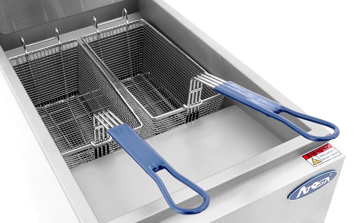 Atosa CookRite ATFS-40-NG 40 lbs Free Standing Floor Fryer with Temperature Control | 3 Cast-Iron Vertical Burner Tubes | 2 Removable Frying Baskets | Stainless Steel, 102,000 BTU, Natural Gas (NG)