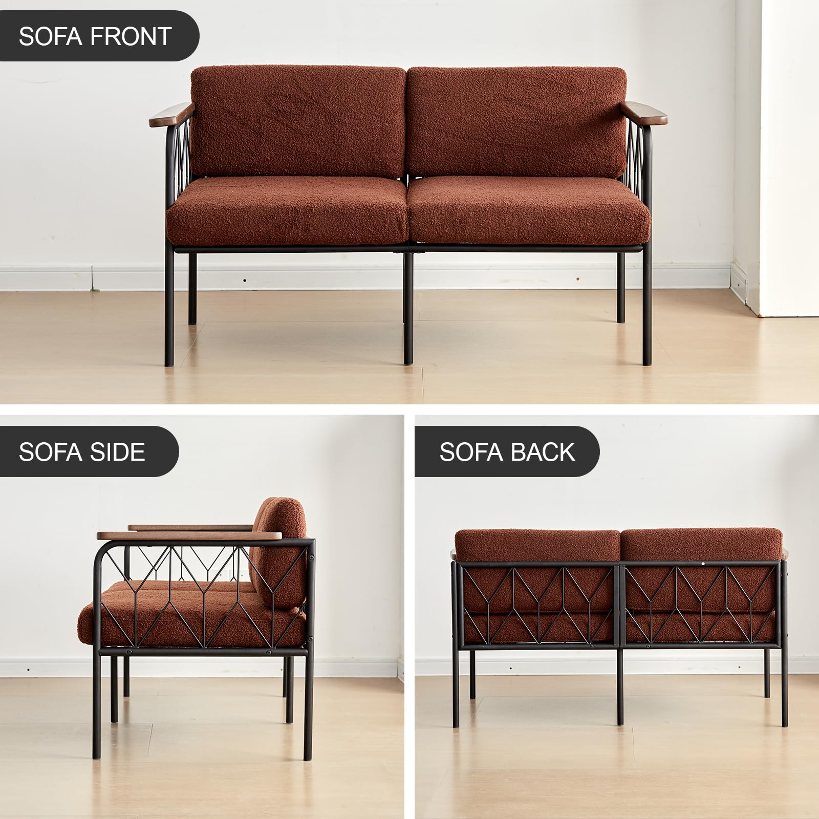 47β W Futon Sofa Couch Modern Loveseat Sleeper Sofa Bed with Sturdy Metal Frame Teddy Velvet Upholstered Convertible Couch Bed for Living Room Bedroom Apartment Office, Brown