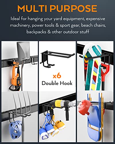 INCLY Garage Organization Storage Wall Mount, Garden Tool Organizer Systems, 48 Inch Heavy Duty Tool Storage Rack for Garage Wall with 6 Adjustable Hooks and 3 Rails
