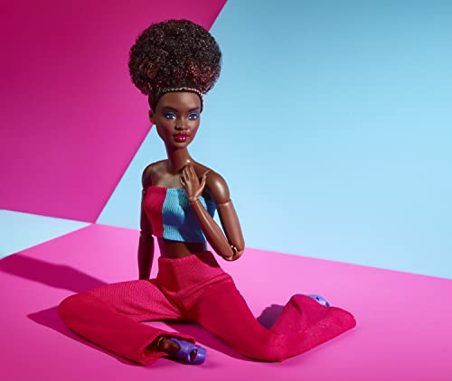 Barbie Looks Doll with Natural Black Hair in Color Block Crop Top & Raspberry Flare Pants, Posable Made to Move Body For 6 years and older