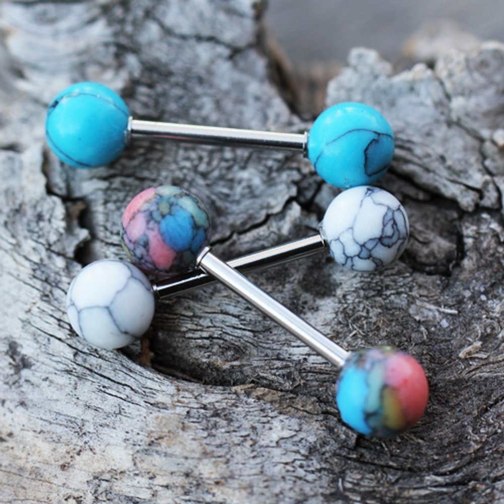 316L Stainless Steel WildKlass Nipple Bar with Synthetic Stone (14GA 9/16" Pink/Blue)