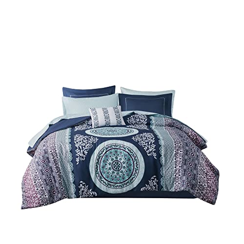 Intelligent Design Complete Bed In A Bag Casual Boho Comforter with Sheet Set Decorative Pillow, All Season Bedding Set, Twin, Loretta Navy 7 Piece