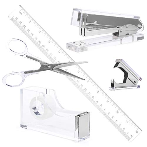 Silver Acrylic Lucite Bundle | Premium Stapler, Tape Dispenser, Scissors, Staple Remover, & Ruler Gift Set | Clear Stationery & Desk Accessories | Modern, High End, Chic, Luxury Office Goods