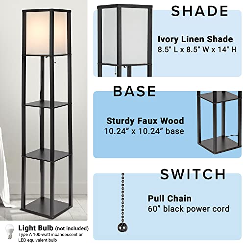 Catalina Lighting 17559-011 Modern Faux Wood Floor Lamp with Shelves and Ivory Linen Shade, 63", Classic Black