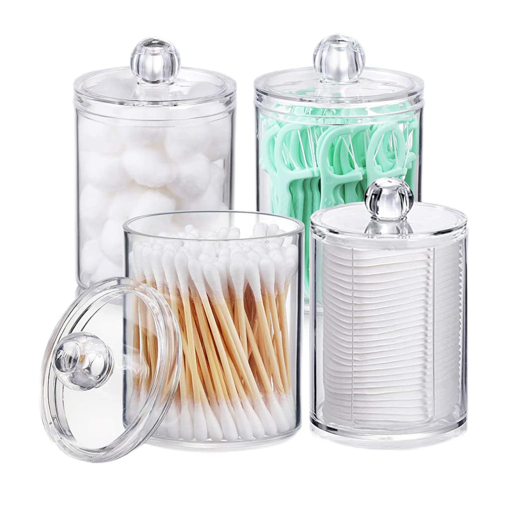 4 Pack Holder Dispenser for Cotton Ball, Cotton Swab, Cotton Round Pads, Floss - 10 oz Clear Plastic Apothecary Jar Set Storage Organization, Vanity Makeup Organizer