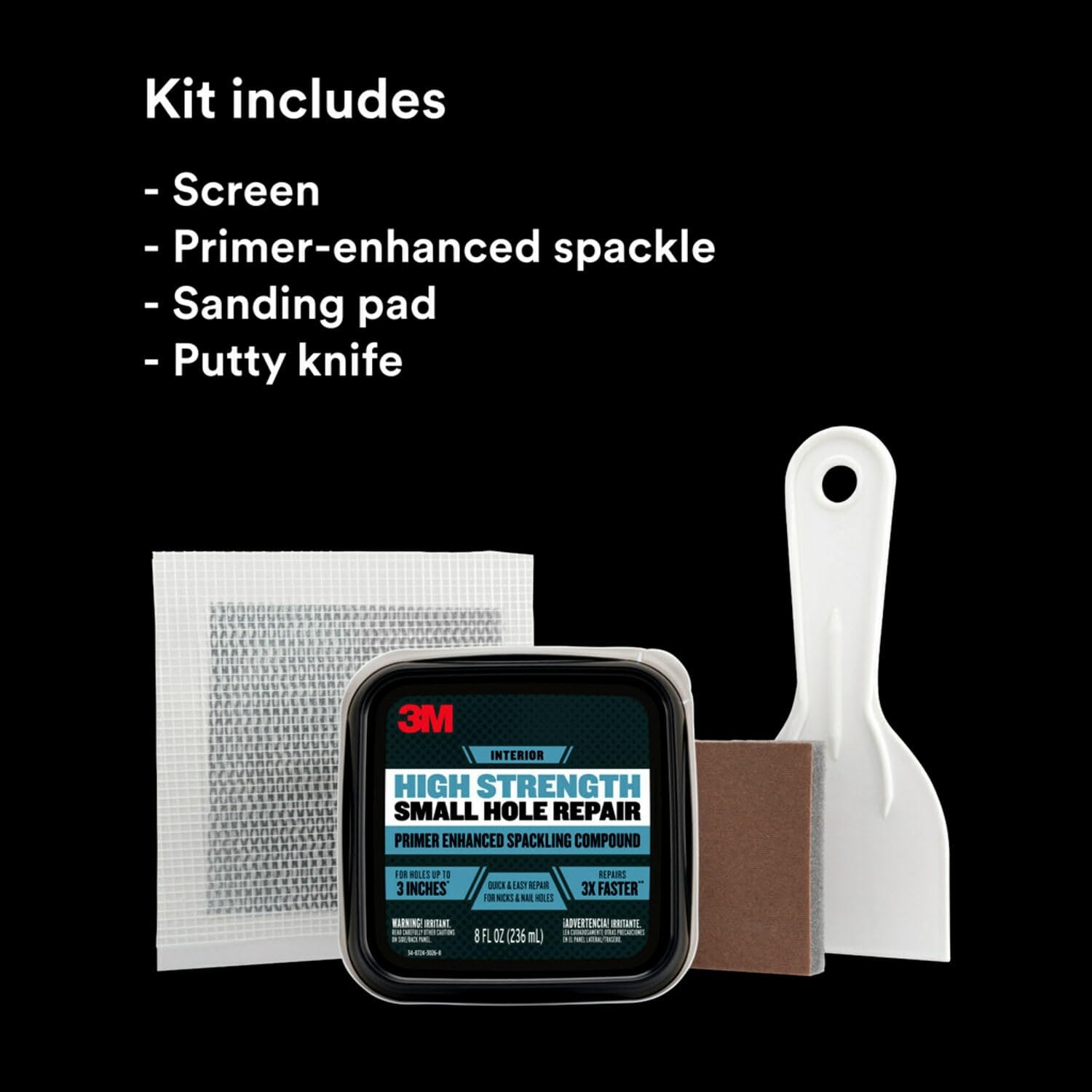 3M High Strength Small Hole Repair Kit, Inlcudes Spackling Compound, Putty Knife, Sanding Sponge, and Self-Adhesive Patch, For Hole Repairs Up To 3" in Diameter, Easy Wall Repair (SHR-KIT)