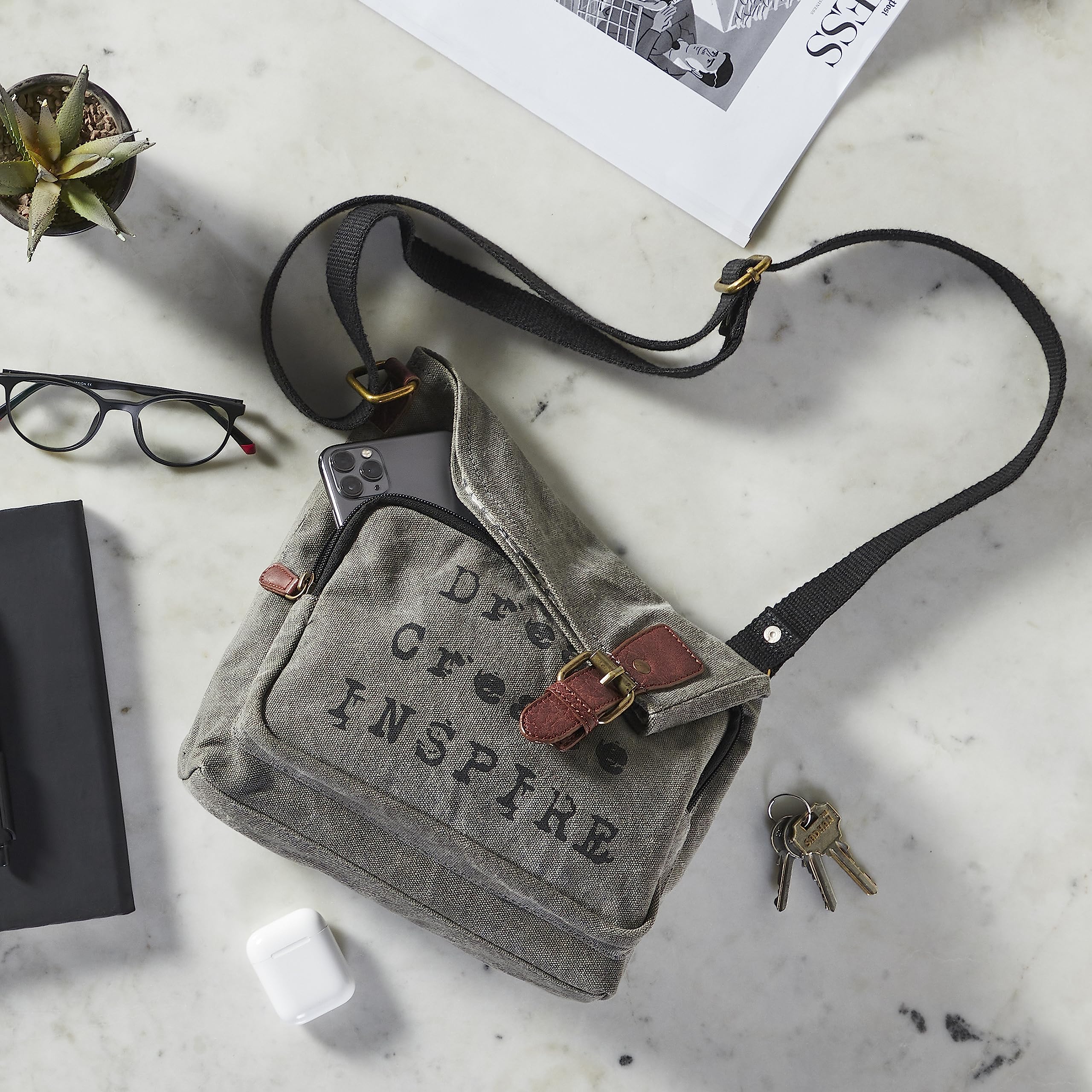 Mona B Dream Create Inspire Upcycled Canvas and Genuine Leather Trims Crossbody