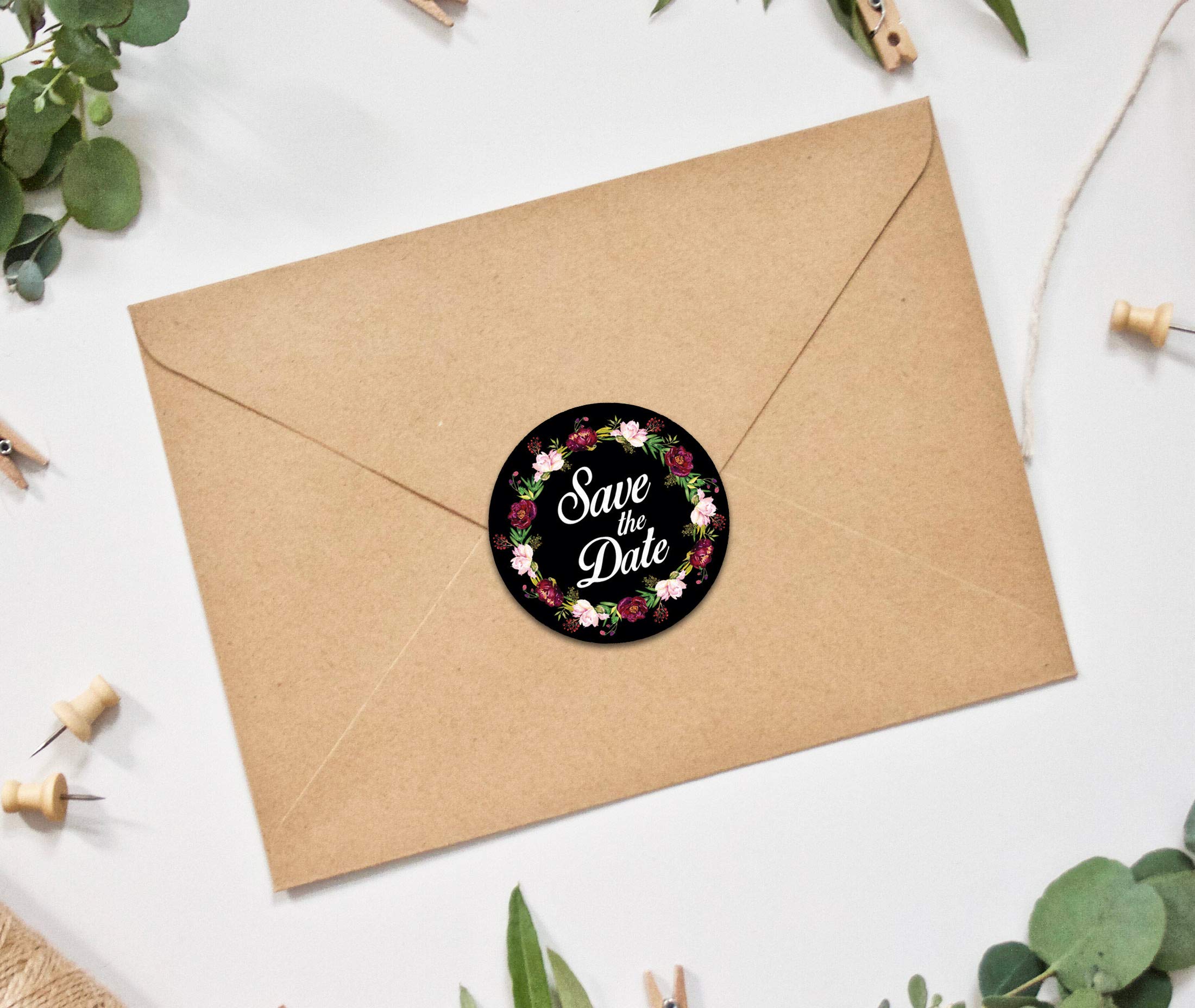 Darling Souvenir 45 Pcs Floral Wreath Black Round Save The Date Stickers Envelope Seals-1.6 Inches