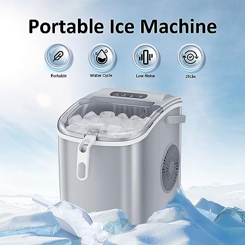 Antarctic Star Countertop Ice Maker Portable Ice Machine, Basket Handle,Self-Cleaning, 26Lbs/24H, 9 Ice Cubes Ready in 6 Mins, S/L ice, for Home Kitchen Bar Party (Gray)