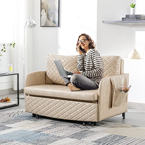 Antetek Sleeper Sofa Bed, 46-inch Faux Leather Loveseat Sleeper Sofa Couch with Pull-Out Bed, Small Love seat Sofa Single Bed with a Detachable Side Pocket for Living Room, Office, Camel