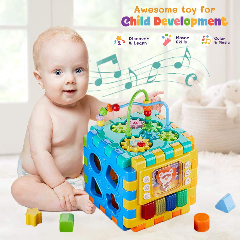 BABYSEATER Baby Activity Cube β 6-in-1 Multi-Assembly Activity Square for Babies 10m+ β BPA-Free Play Cube for Infants & Toddlers Teaches Cognitive & Motor Skills with Music, Shapes, Gears & More