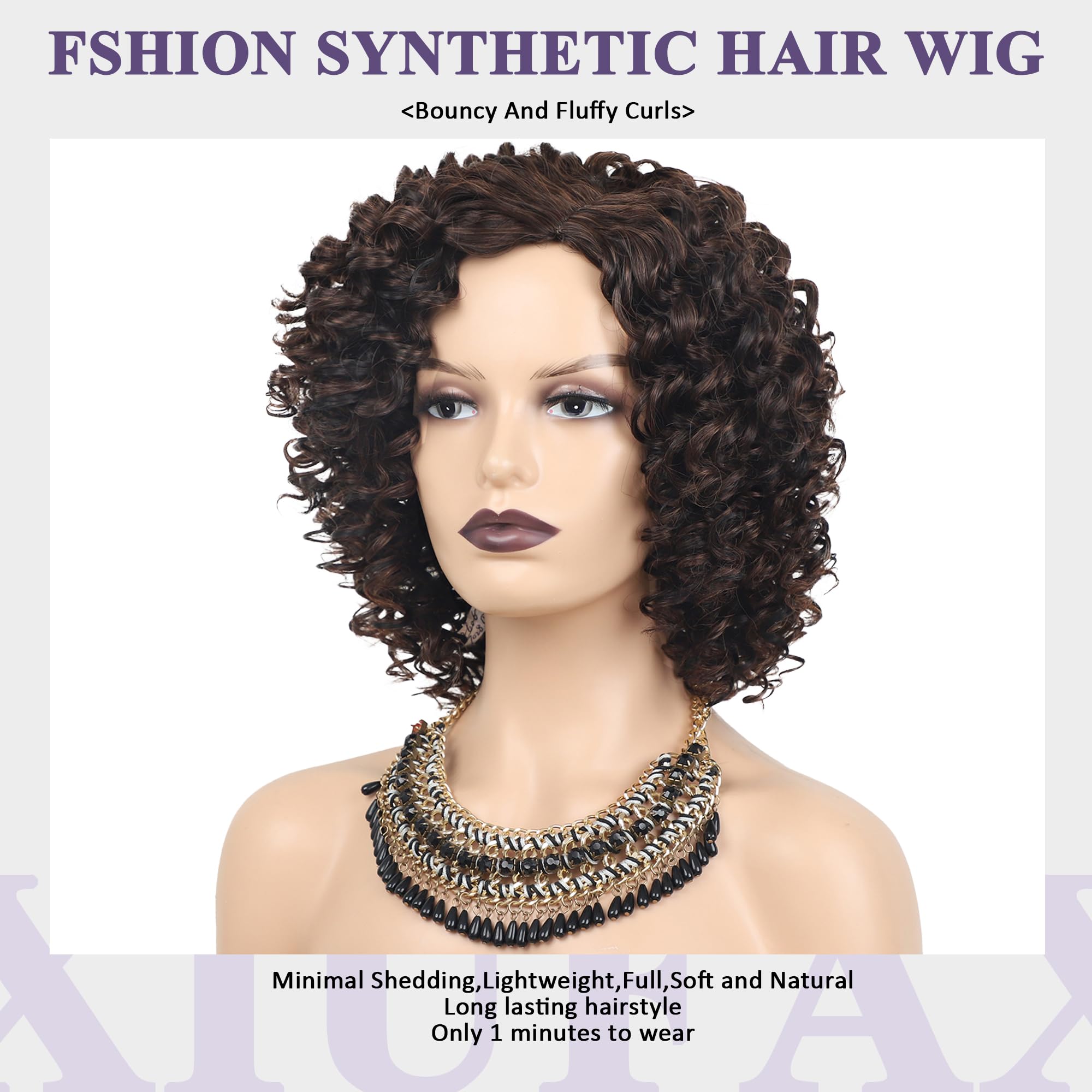 XIUFAXIRUSI XIUFAXIRUSI Short Curly Afro Wigs for Black Women Mixed Brown Kinky Curly Bob Wig with Side Bangs African American Synthetic Full Hair Wig