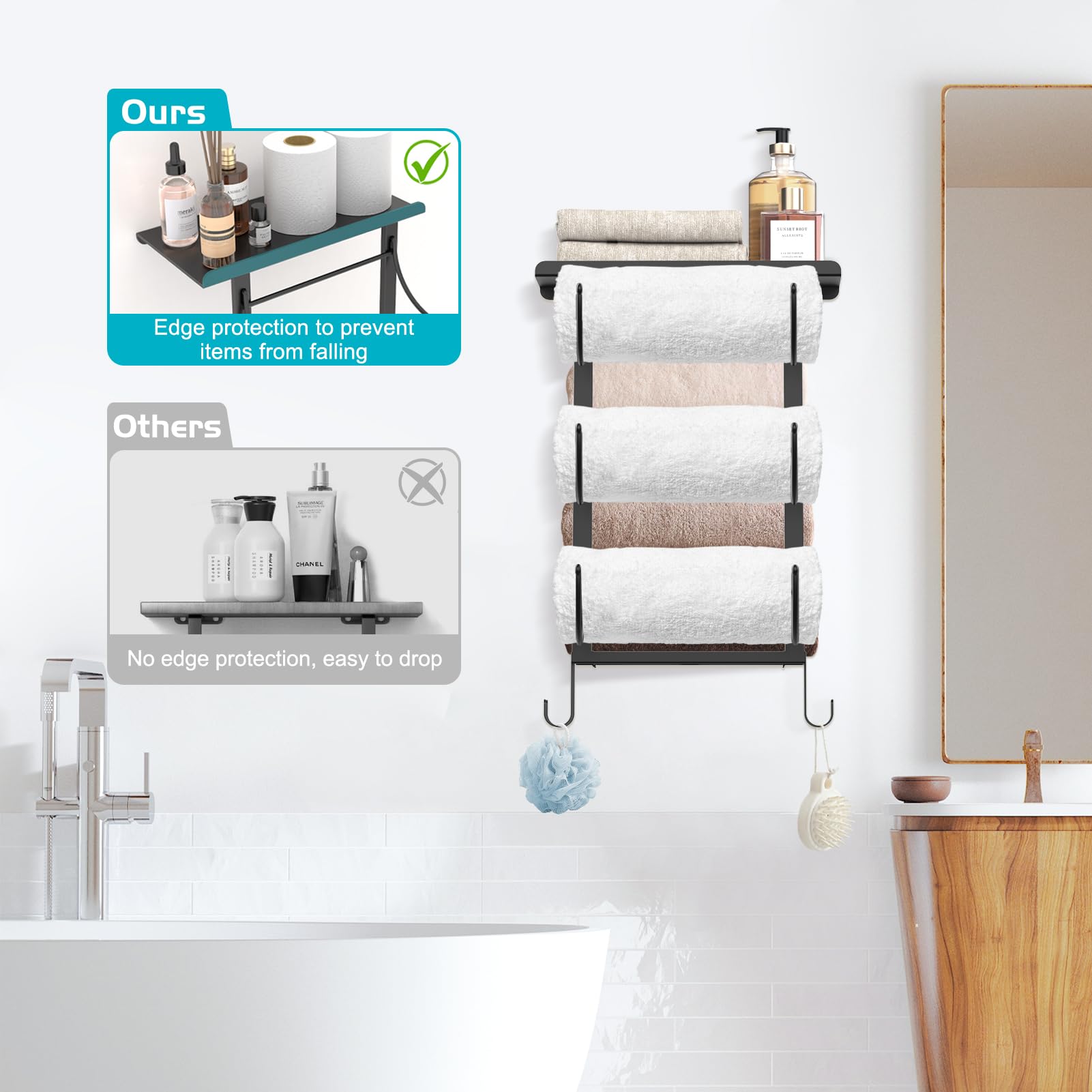Wall Mounted Towel Rack for Rolled Towels, Oppro Double-Sided Wall Towel Storage for Small Bathroom with Shelf & Hooks, Upgrade Bath Towel Racks Holds 6 Large Size of Rolled Towel, Black