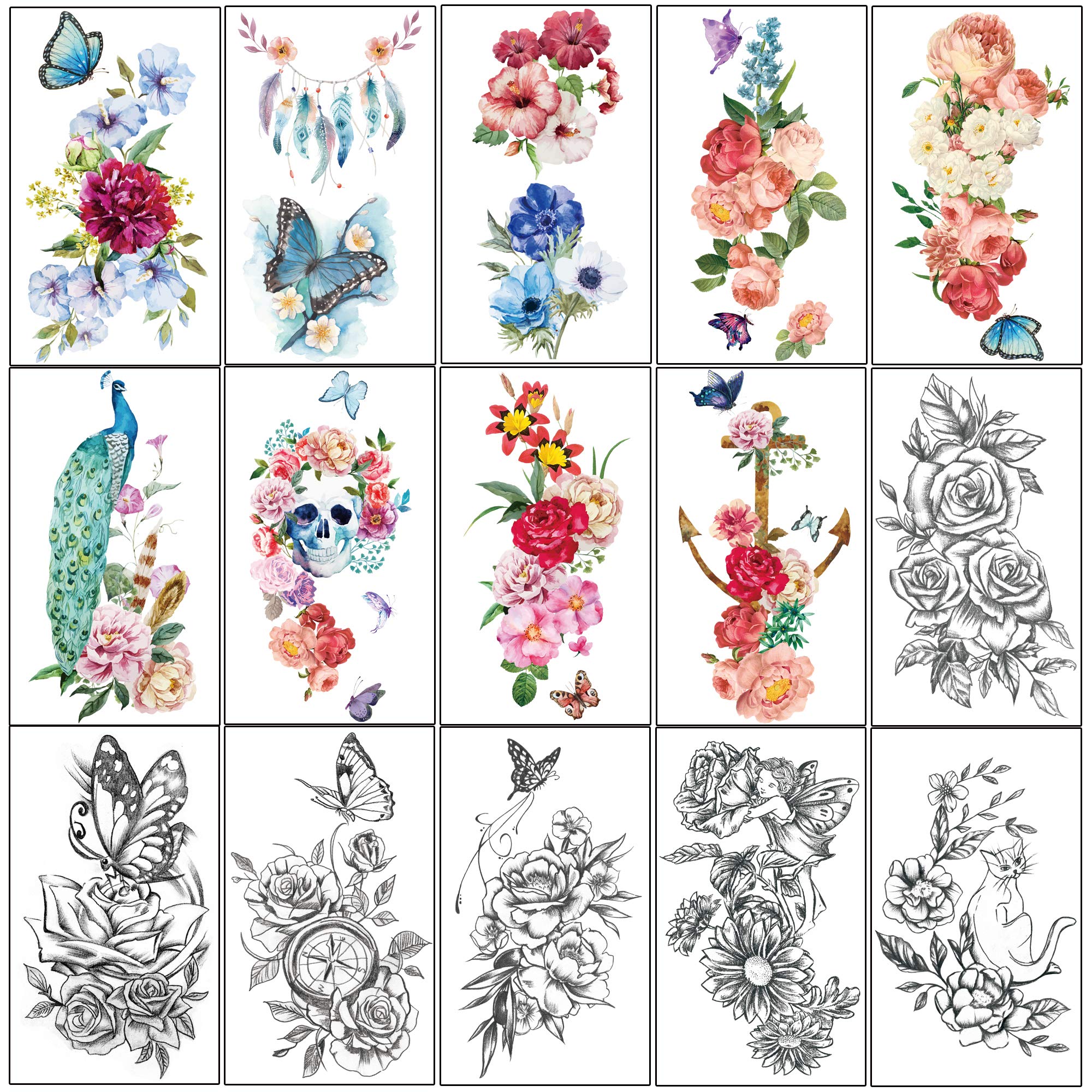 Yazhiji 15 sheets large Sexy waterproof Temporary Tattoos for Men Women Flowers Collection (19X9 CM)