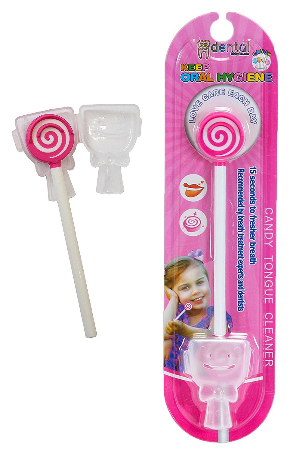 Kids Tongue Scraper or Cleaner Set – BPA-Free Plastic Dental Scrapers Helps Freshen Bad Breath, Remove Gunk – Multicolored with Easy-to-Grasp Handles and Brush Covers by 55Dental, Ages 2+ (Pink)