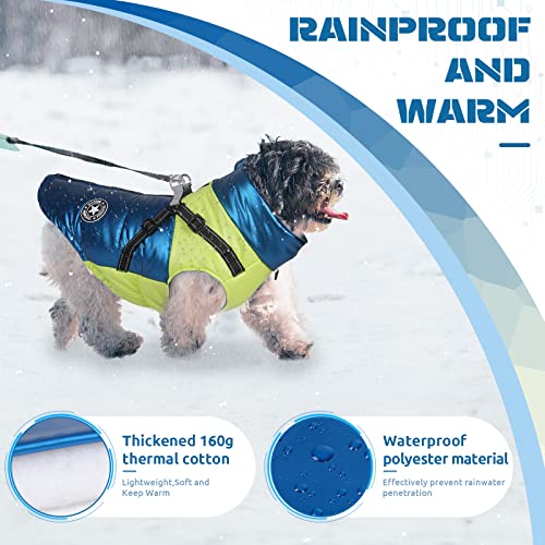 BAEJMJK Dog Reflective Winter Coat with Harness Warm Cold Weather Jacket for Small Medium Dogs Zip Up Turtleneck Puppy Vest with D-Ring Waterproof Windproof Dog Winter Clothes(Blue,2X-Large)