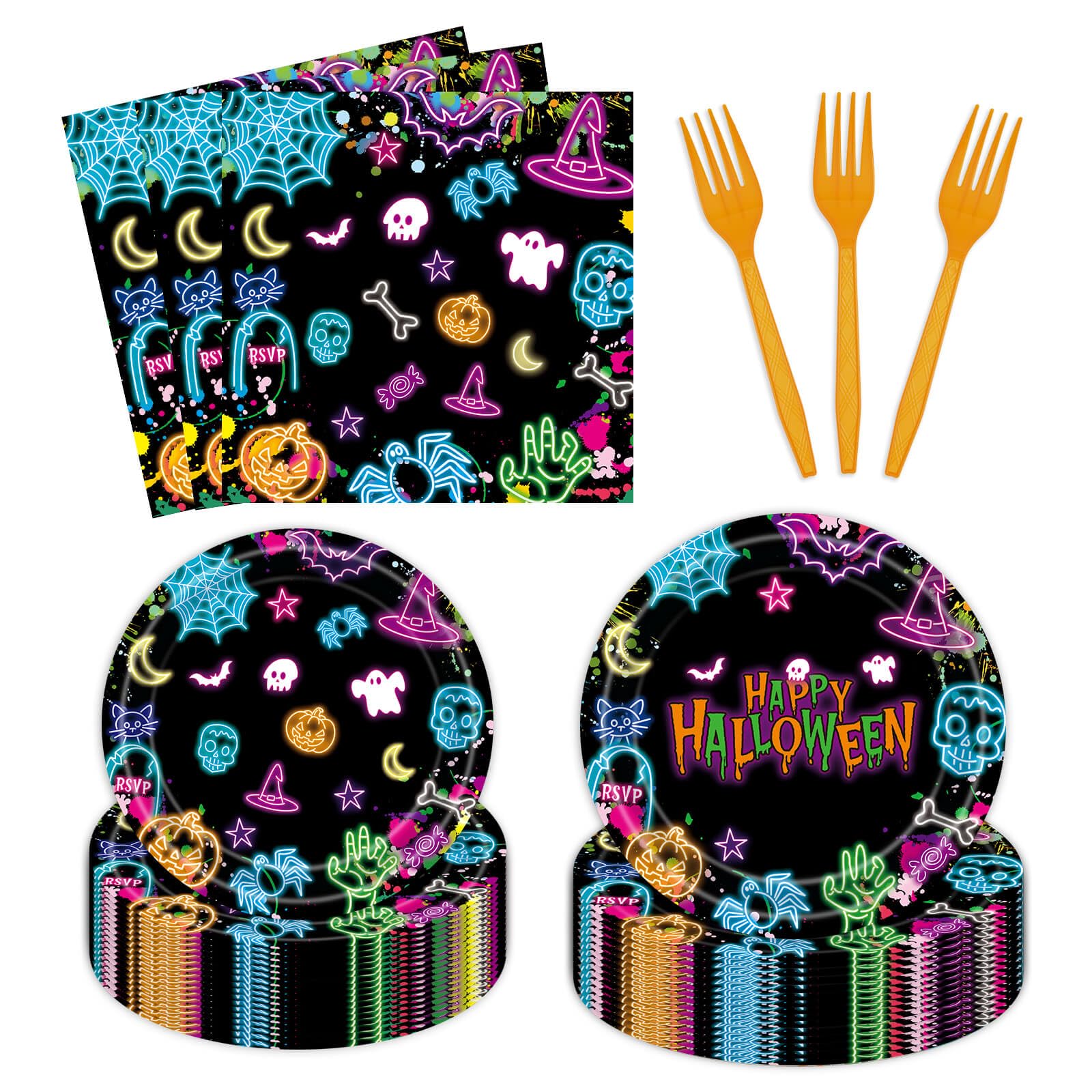 96 Pcs Neon Halloween Party Supplies for 24 Guests Spooky Costume Tableware Plates Napkins Glow Party Dinnerware Table Decorations Happy Halloween Party Favor for Kids Teen Adult