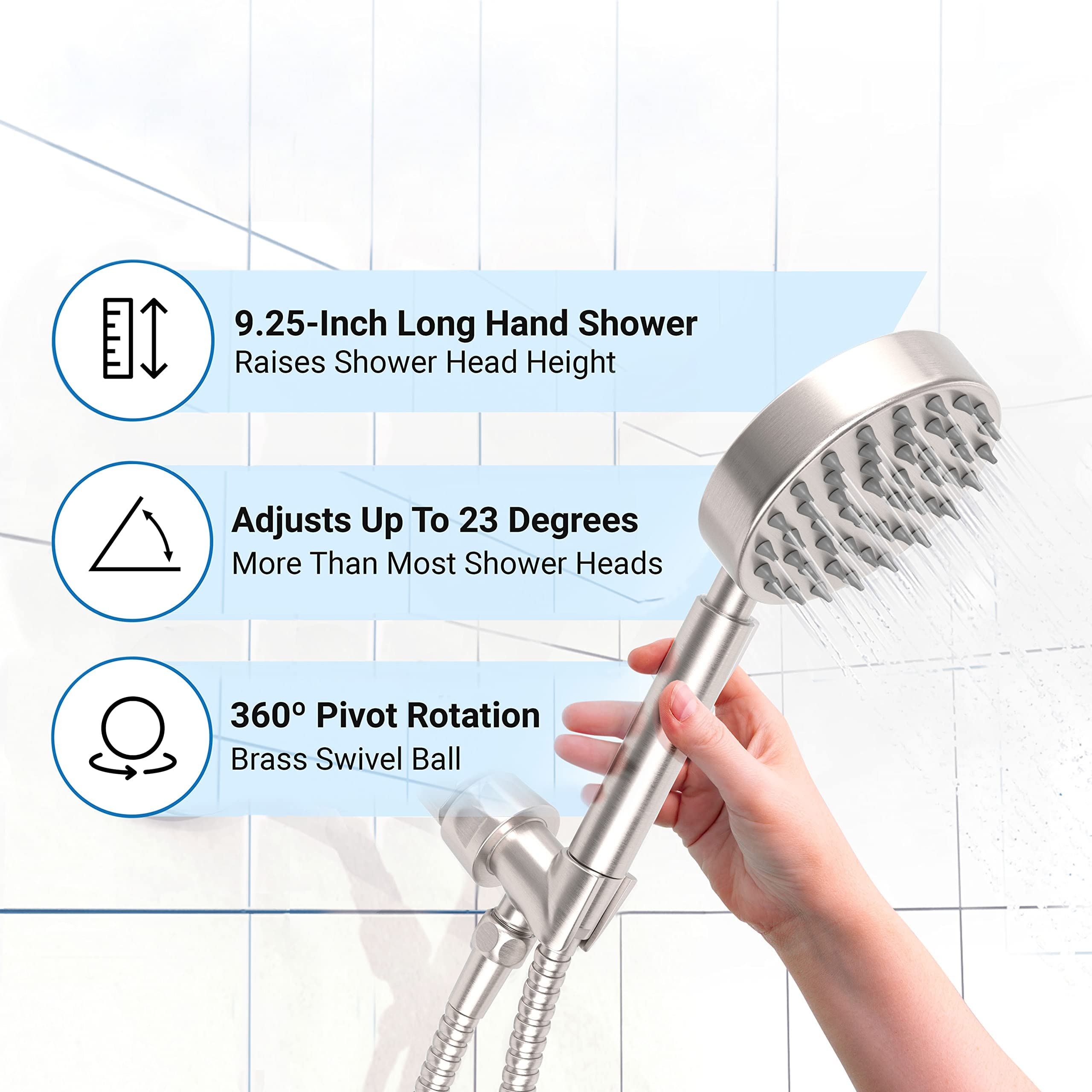 All Metal Hand Held Dual Shower Head Set, Brushed Nickel | Hand Held Shower Head Set, 8 Inch Rainfall and 3-Way Diverter