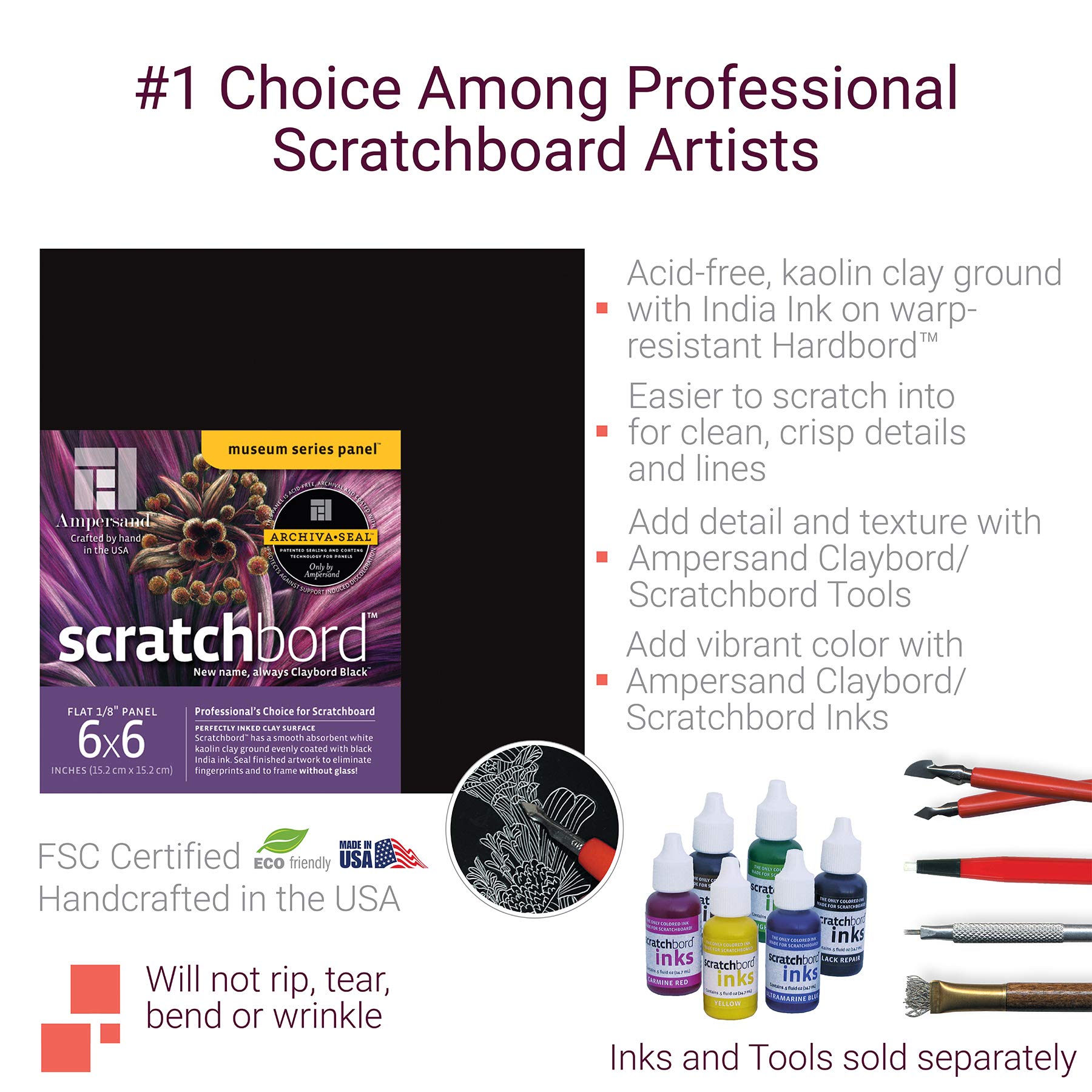 Ampersand Art Supply Scratch Art Panel: Museum Series Scratchbord, 1/8 Inch Flat Profile, 5" x 7" - Pack of 3