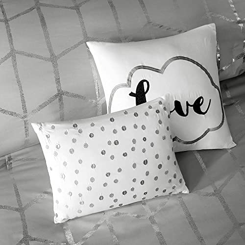Intelligent Design Raina Comforter Microfiber Metallic Print Geometric Design Embroidered Toss Pillow Modern Trendy Casual All Season Bedding Set Matching Sham, King/Cal King, Grey/Silver 5 Piece