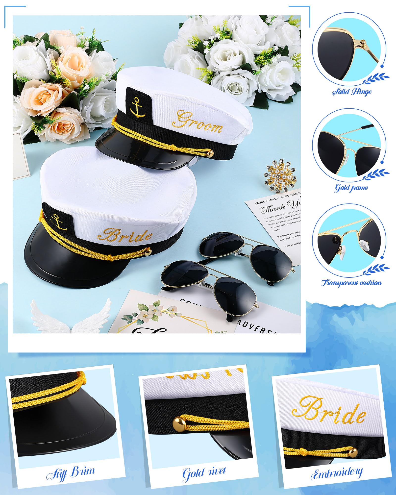 Mepase 4 Pcs Bride Groom Captain Hats and Sunglasses Set Bachelorette Party Hats Captain Hat for Wedding Bridal Shower Honeymoon