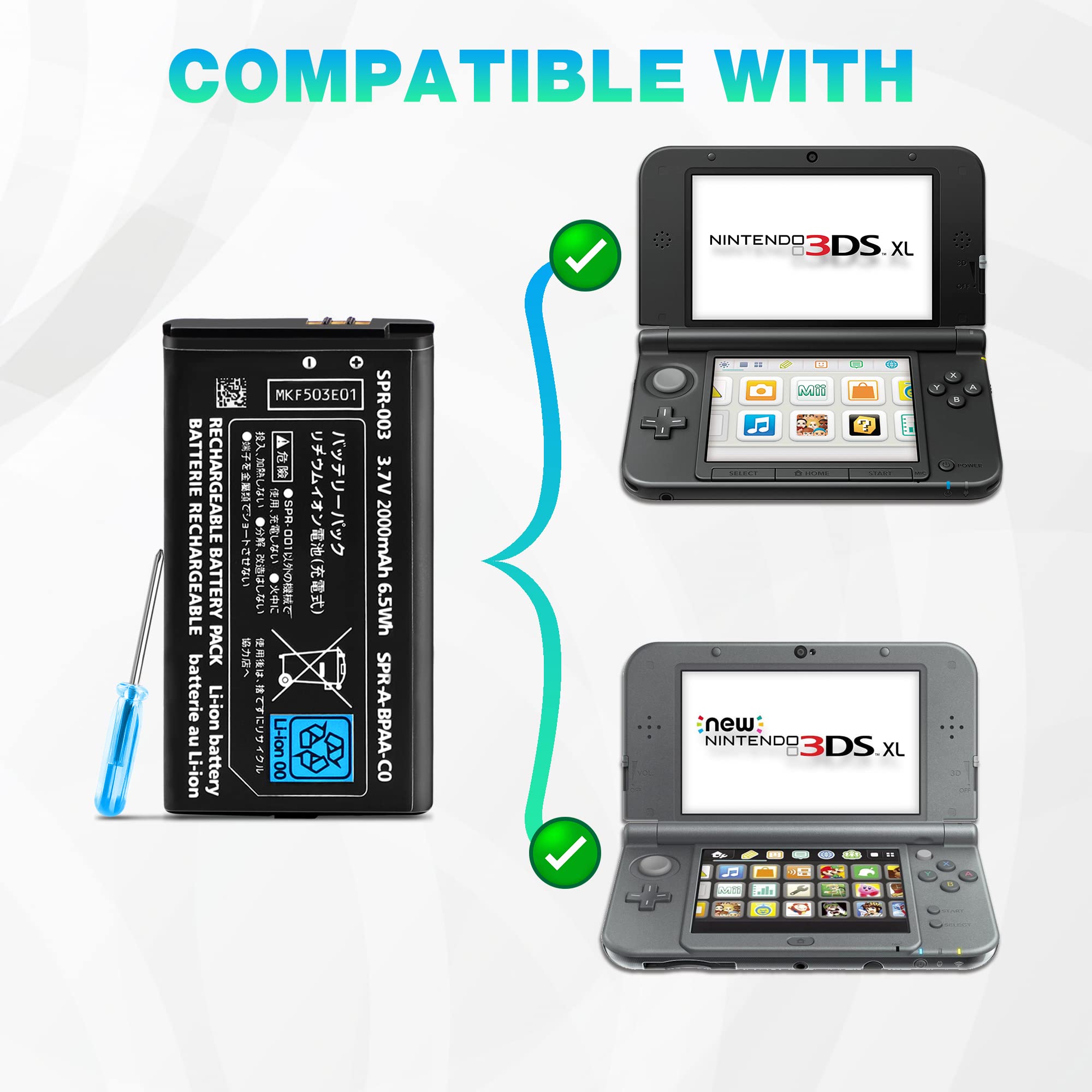 3DS XL Battery Pack, 2000mAh Replacement Rechargeable Lithium-ion Battery + Tool Pack Kit Compatible with Nintendo 3DS XL/New 3DS XL
