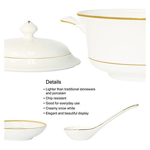 Bone China Soup Tureen with lid, ladle and spoon rest, 2.97QT, Gold Rim, 4PC set, Big Serving Bowl, Elegant Ceramic Porcelain, White, Translucent, Modern, Simple and resistant, Greeting dinnerware