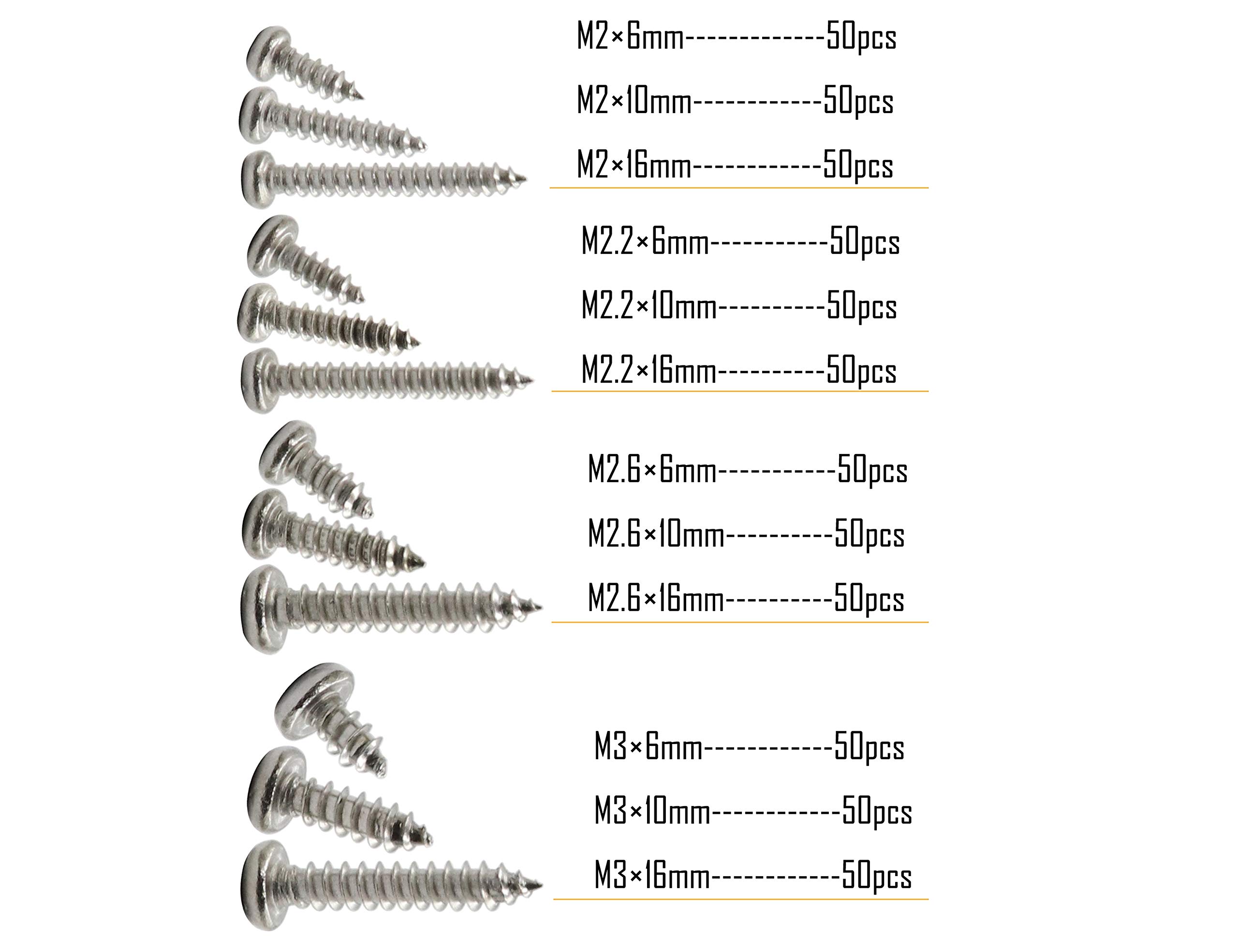 LBY 600pcs M2 M2.2 M2.6 M3 Pan Head Self-Tapping Sheetmetal Screw Assortment Kit, 12 Sizes, 304 Stainless Steel
