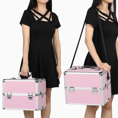 Topeakmart 3 In 1 Aluminum Professional Rolling Cosmetic Case, Beauty Storage Trolley, Make Up Storage Organizer, Makeup Travel Case - With Wheels, Folding Trays and Large Compartments - Pink