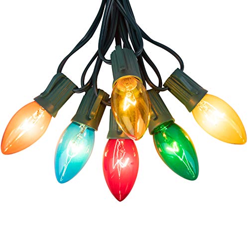 50 Feet C9 Bulb String Lights Outdoor Multicolored Christmas Lights Green Wire for Outdoor Patio Room Christmas Tree Party Backyard Decoration, E17 Base, 50 Bulbs
