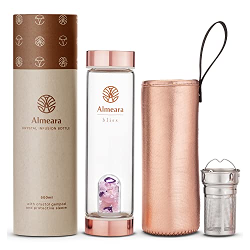 Almeara Crystal Water Bottle with Authentic Amethyst, Rose Quartz & Clear Quartz Removable Gemstones, Loose Leaf Tea Infuser - Relaxation, Healing & Spiritual Gifts for Women - Witchcraft Supplies