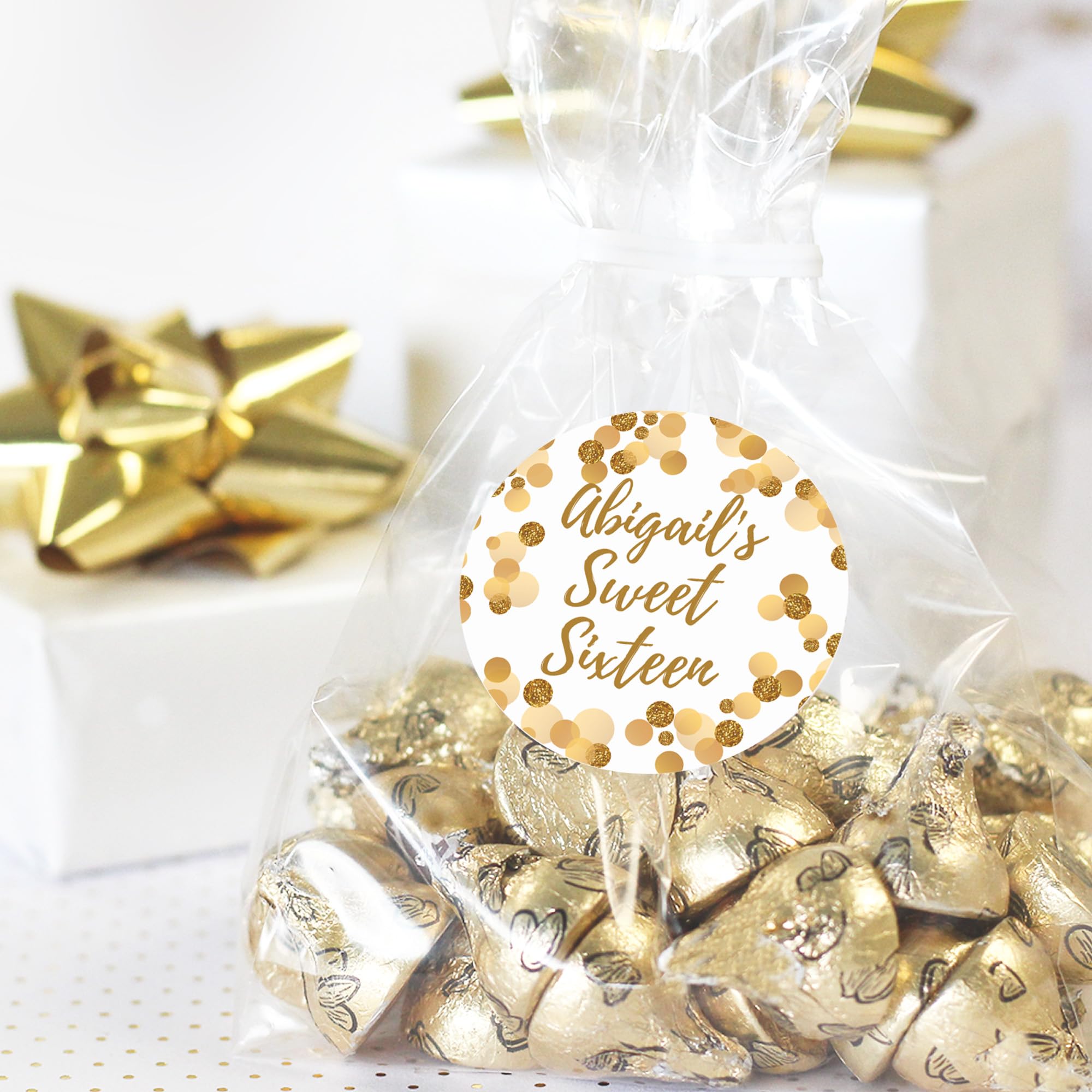 Personalized White and Gold Sweet 16 Birthday Party Favor Stickers with Name - Custom Envelope Seals, Bag Stickers - 1.75 in. Round - 40 Labels
