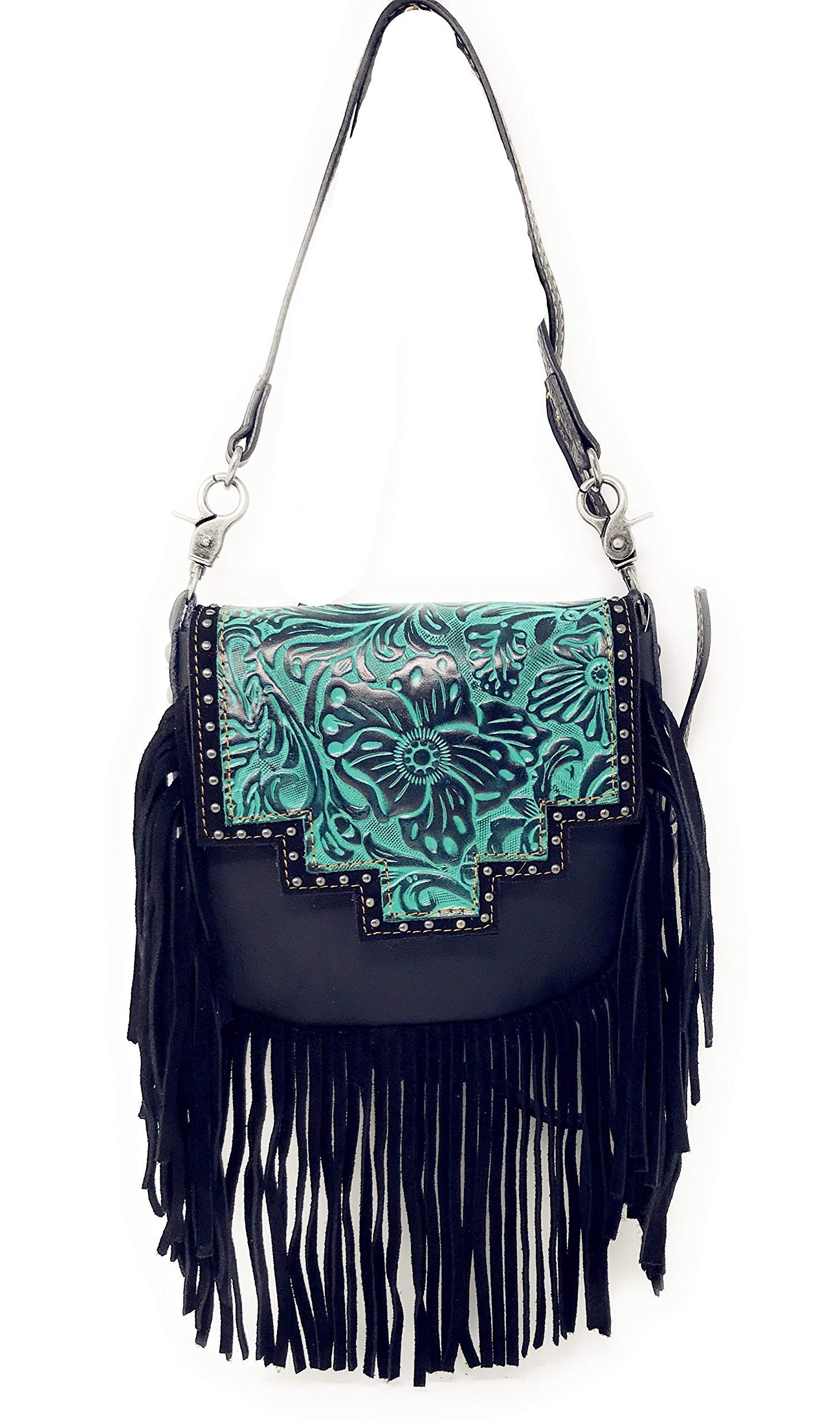 Western Genuine Leather Floral Tooled Fringe Womens Crossbody Bag 3 Color (Turquoise/Black)