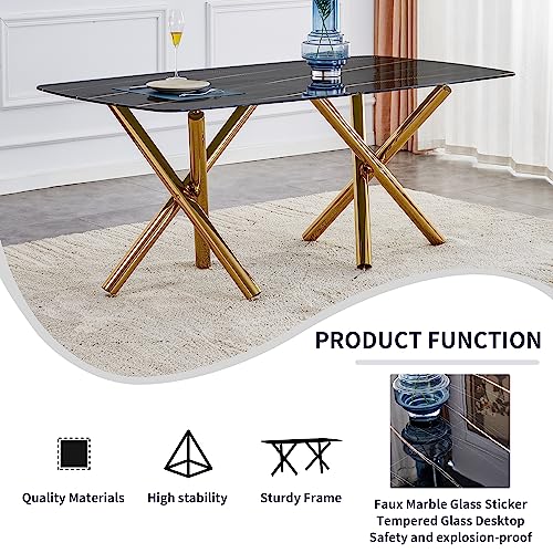 71ββ Modern Glass Dining Table for 8, Large Rectangular Dining Room Table with Golden Metal Legs, Minimalist Kitchen Table for Restaurant, Meeting Room, Imitation Marble Black Desktop
