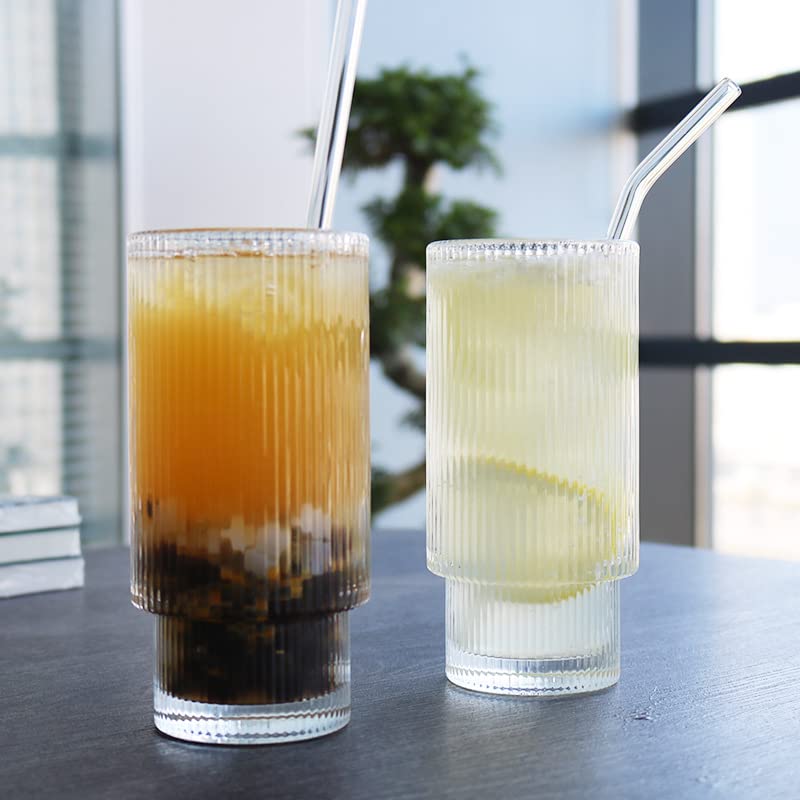 CAYOREPO 4 Pcs Set 16oz Ribbed Drinking Glasses with Bamboo Lids and Straws, Ribbed Glass Cups, Stackable Glasses, Vintage Water Glasses for Juice, Beer, Coffee, Tea and Cocktail (Clear(4Pcs))