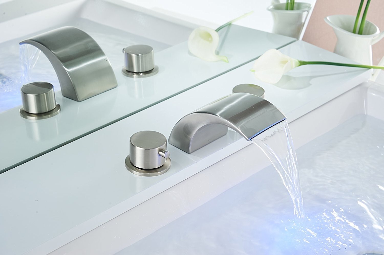 Bathfinesse 8-16 Inch LED Light Faucet Widespread Bathroom Sink Faucet Waterfall Vanity with 3-Color Changing 3 Holes with 2-Handles T Commercial Brushed Nickel Deck Mount Lavatory Faucets