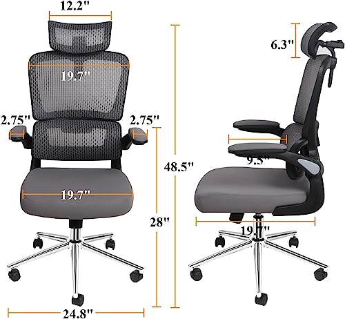 Home Office Chair Ergonomic Mesh Desk Chair with Headrest& Flip up Armrest Gaming Chair Computer Chair with Lumbar Support, Swivel Chair Executive Chairs High Back Office Chair, Grey, 1 Pack