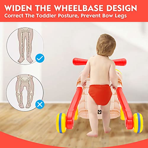 Baby Walker Sit-to-Stand Learning Walker Kids Activity Center Entertainment Table Lights & Sounds & Music & Rotating Gear & Rocket Rattle & Steering Wheel Educational Push Toy for Babies Toddlers(Red)