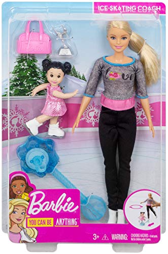 Barbie Ice-Skating Dolls & Playset with Blonde Coach Barbie Doll, Brunette Small Doll and Ice-Skating Base with Turning Mechanism, Gift for 3 to 7 Year Olds