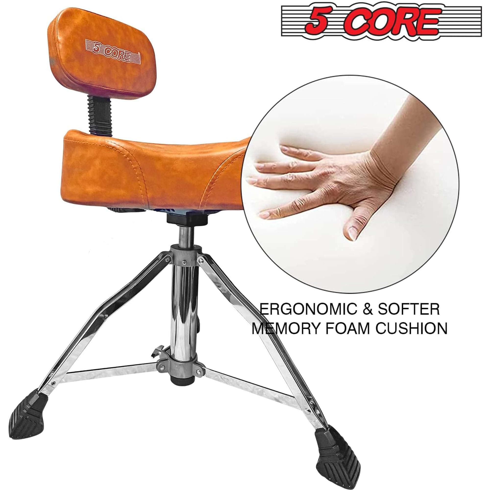 5 CORE Drum Throne with Backrest Adjustable Guitar Chair Thick Memory Foam Saddle Seat Removable Motorcycle Style Drum Stool Tripod for Adult Drummers for Piano Guitar Cello Players DS CH BR Rest