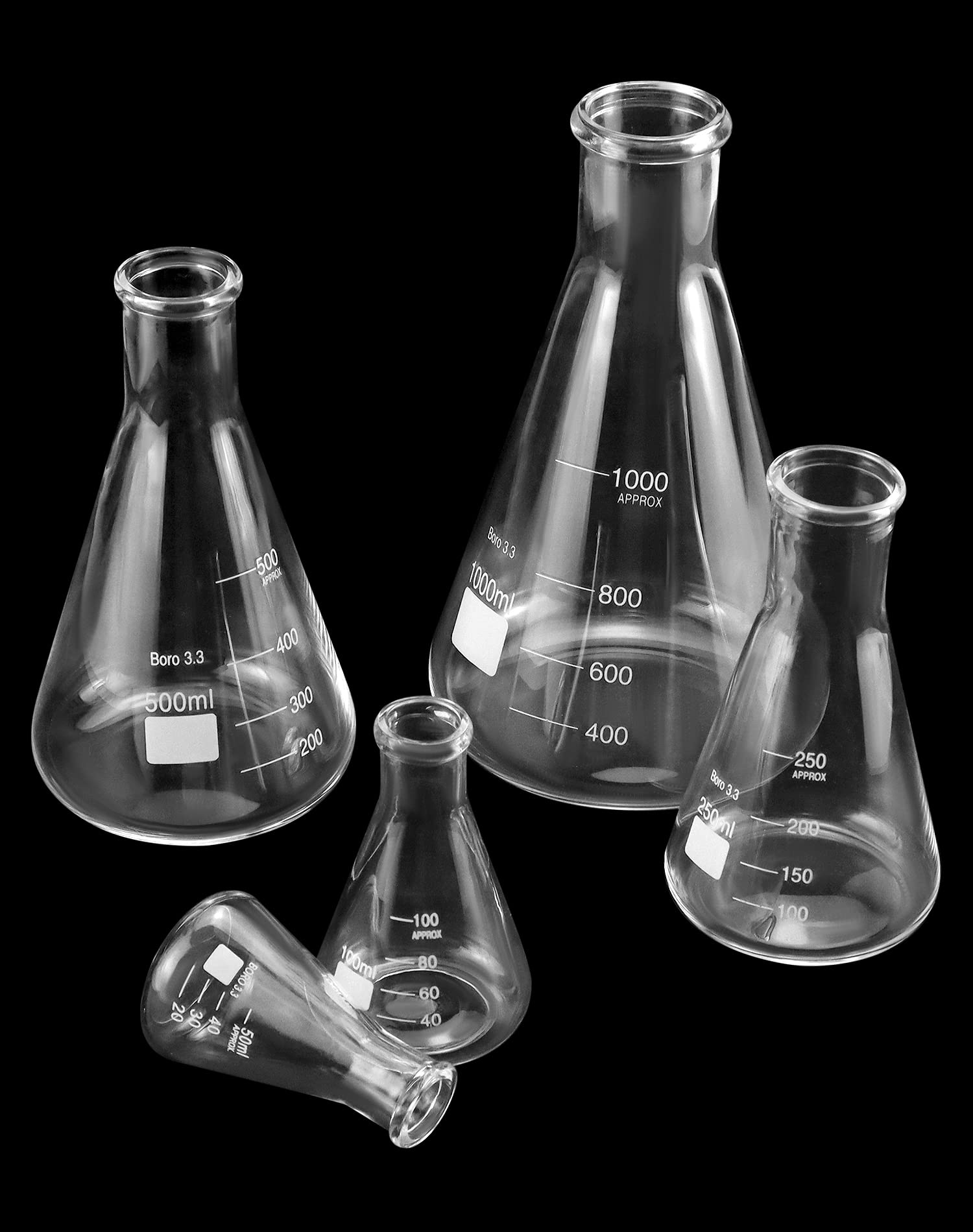 QWORK Erlenmeyer Flask Set - 50ml, 150ml, 250ml, 500ml & 1000ml - Narrow Neck, Clear Graduations - - Borosilicate 3.3 Glass - Ideal for Professional Lab Use